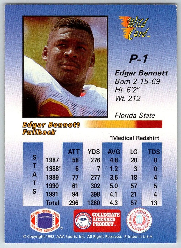 1991 Wild Card Draft #P1 Edgar Bennett Florida State Seminoles | eBay