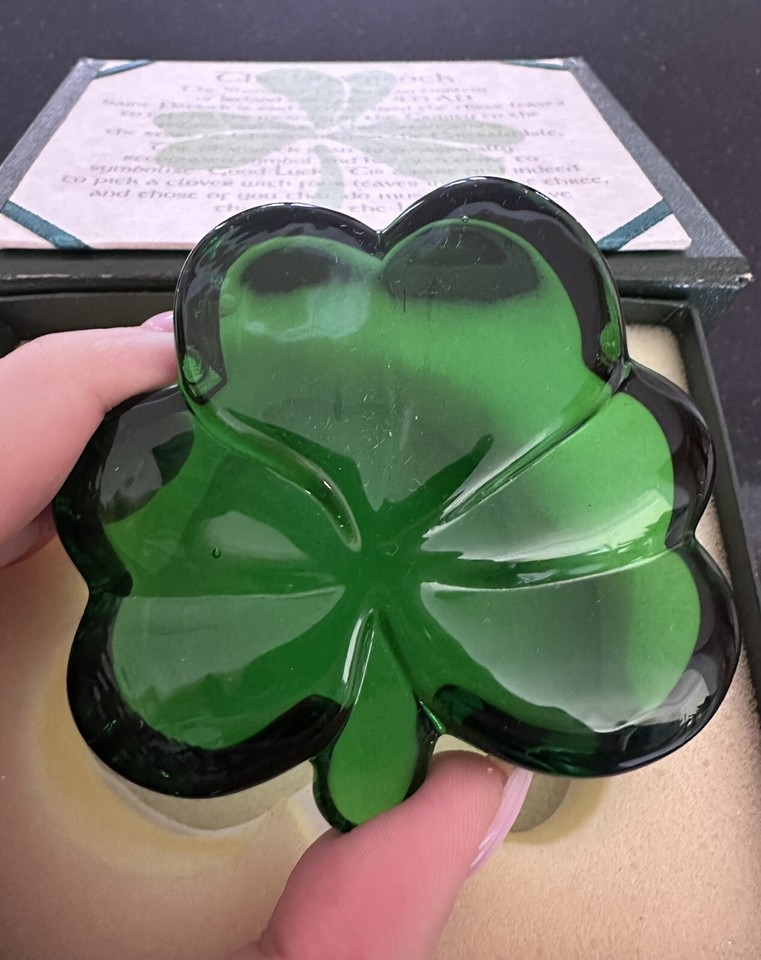 Shamrock Clover Leaf Paperweight 1998 Irish Blessing Green Art Glass Roman Inc | eBay