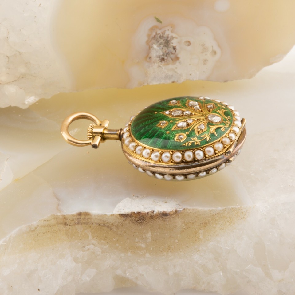 Superb Antique 18K Ladies Enameled Pearl and Diamond Watch Pin Set ...