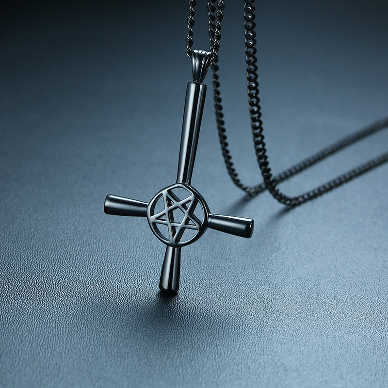 Inverted Cross Pentagram Star Pendant Men Necklace Chain Satanic Choker ...