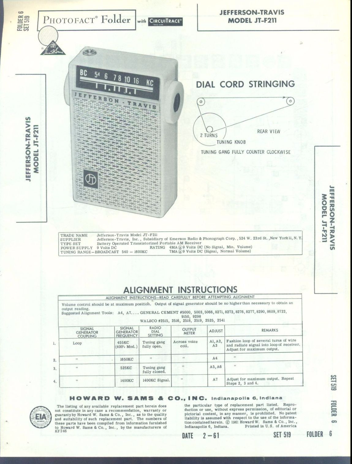 1961 Photofact 4-page Folder JEFFERSON-TRAVIS transistor radio model JT ...