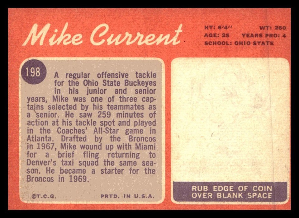 1970 Mike Current Topps Football Rookie Rc #198 EX-MT *NICE* SET BREAK ...