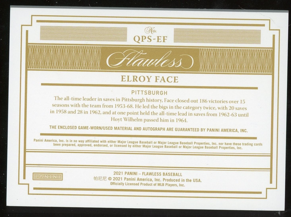 Elroy Face 2021 Panini Flawless Auto Patch Relic Serial #d 1/5 Pirates ...