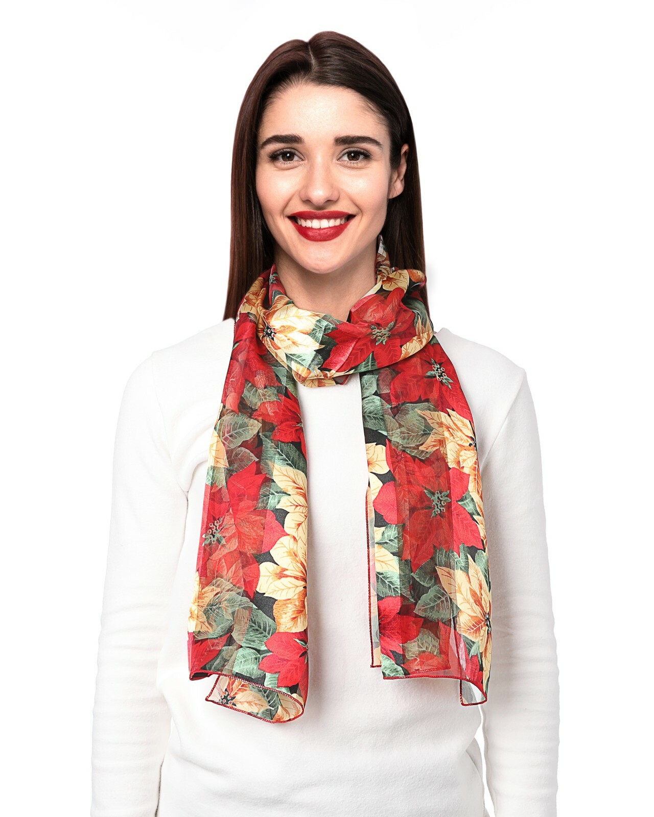 Women's Festive Poinsettia Silk-Feeling Christmas Theme Scarf 13" x 60 ...