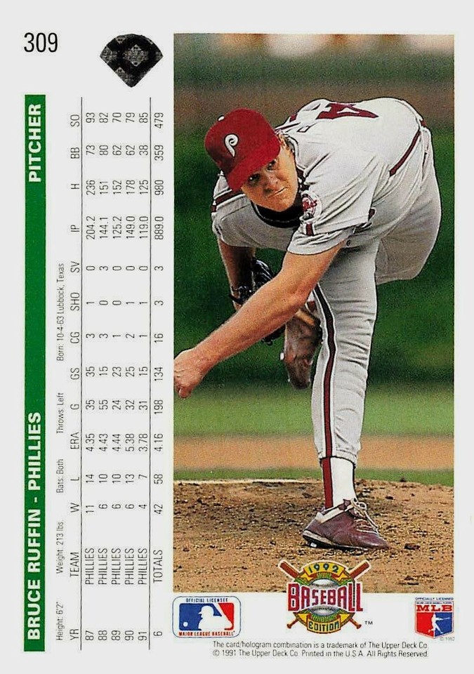 1992 Upper Deck Bruce Ruffin Philadelphia Phillies Baseball Card #309 ...