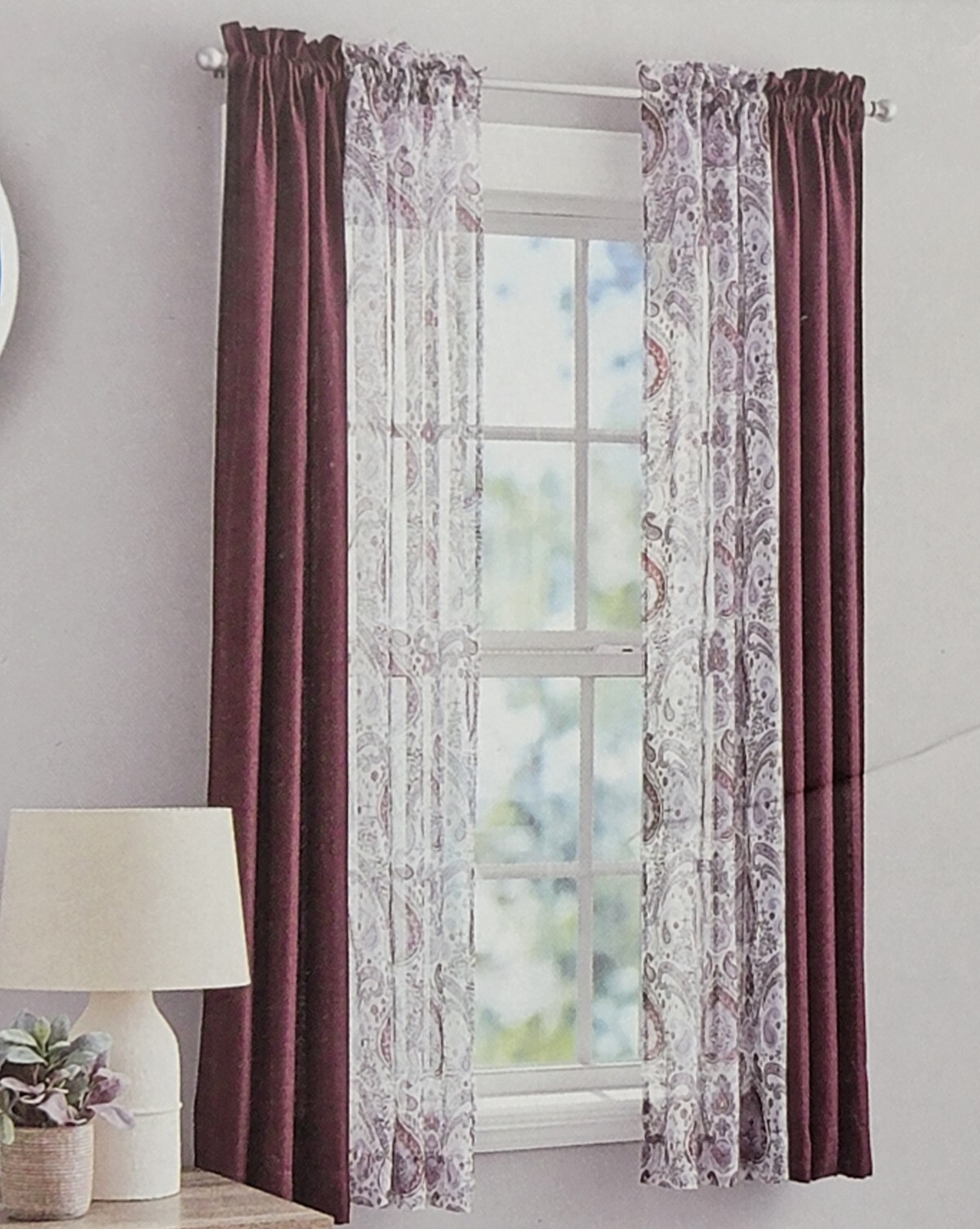 63-INCH WINDOW SET MAINSTAYS 4 PIECES DEEP BURGANDY 2 SHEER 2 PANELS ...