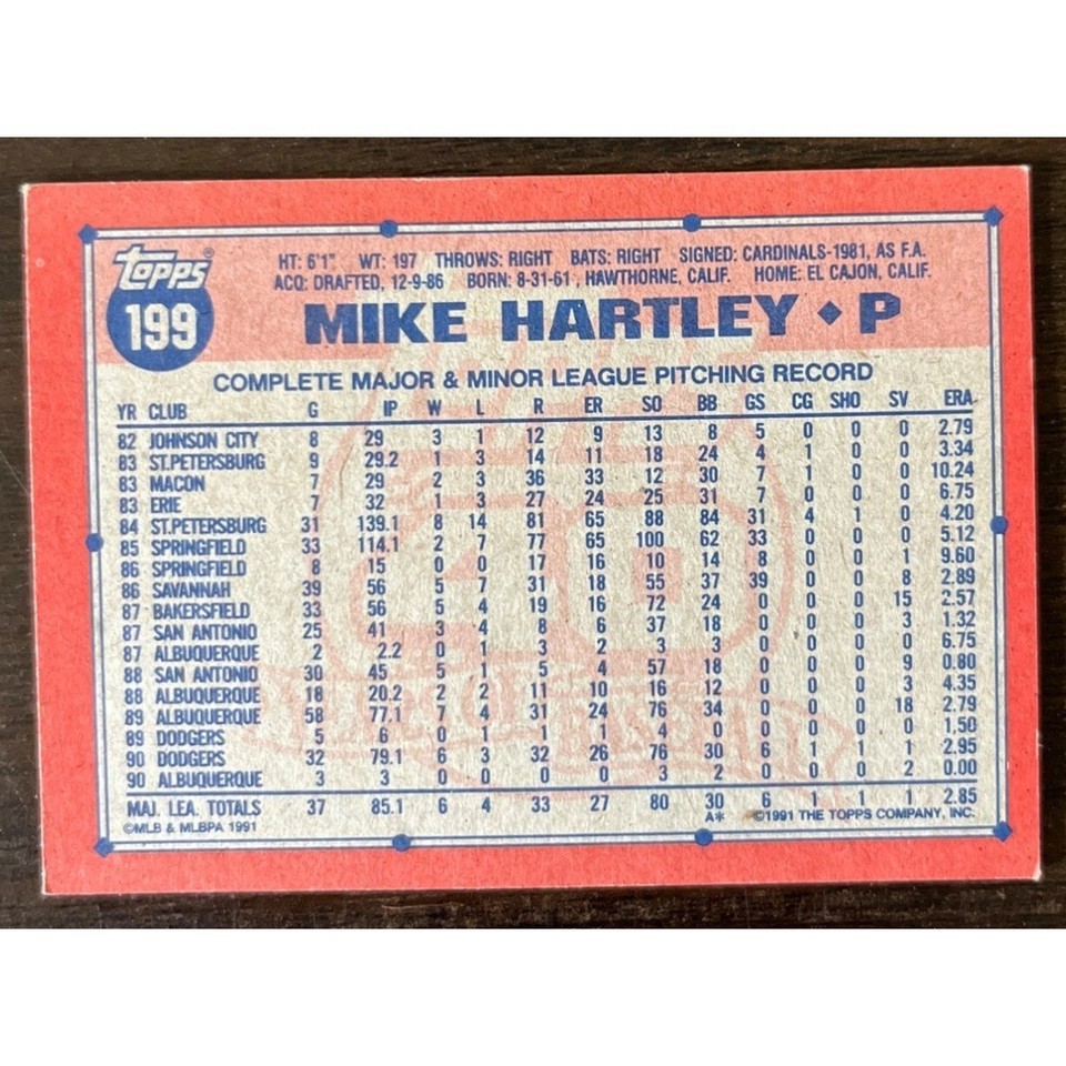 1991 Topps #199 Mike Hartley Los Angeles Dodgers MLB Major League ...