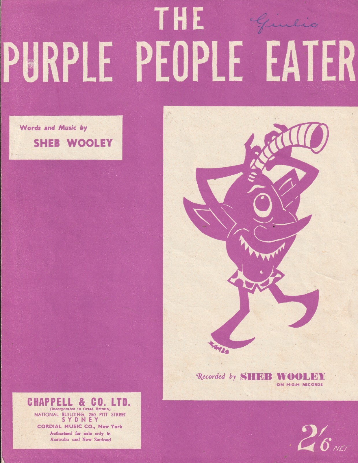 SHEB WOOLEY SHEET MUSIC: THE PURPLE PEOPLE EATER AUSSIE EX 4pp 1958 ...