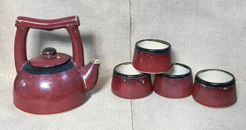 Pier 1 Shanghai Tea Set Red Beige Distressed Teapot Mugs Gothcore ...