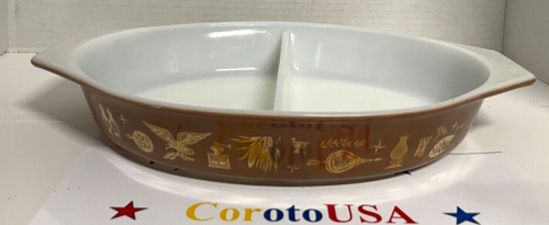 Pyrex American Brown Gold # 15 1-1/2 QT Oval Divided Dish w/Lid, Eagle ...