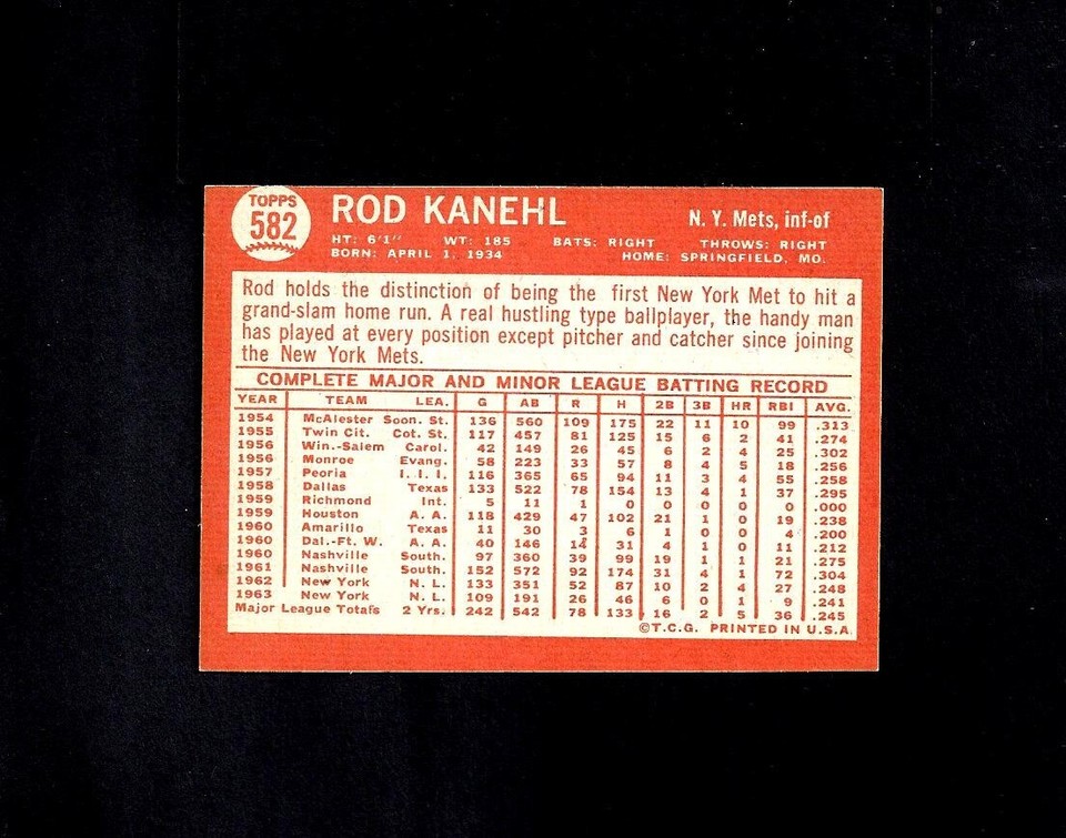 1964 TOPPS #582 ROD KANEHL--HIGH NUMBER--METS--NO CREASES--NR/MT | eBay