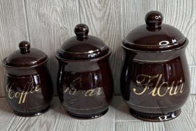 Vintage MCM Redware Glazed Ceramic Brown Lidded Canister Set of 3 Gold ...