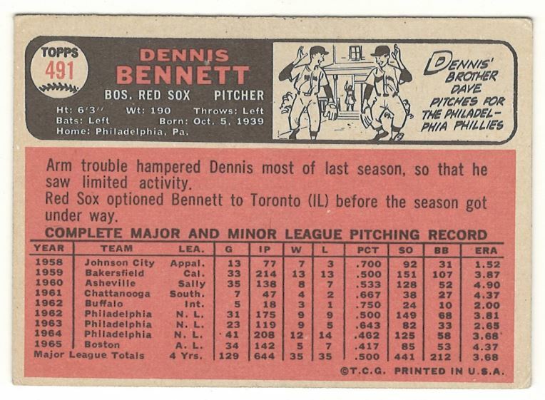 1966 TOPPS # 491 DENNIS BENNETT BOSTON RED SOX BASEBALL CARD - LOOK ...