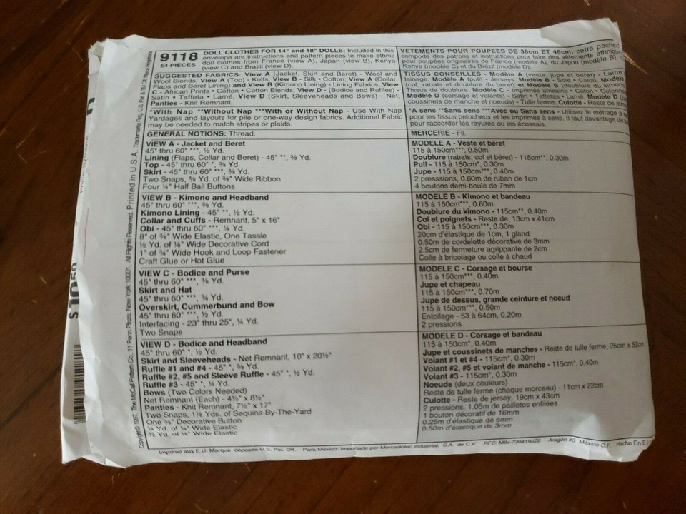 18 inch Doll SEWING PATTERN Simplicity 4654 M9118 wardrobe costume | eBay