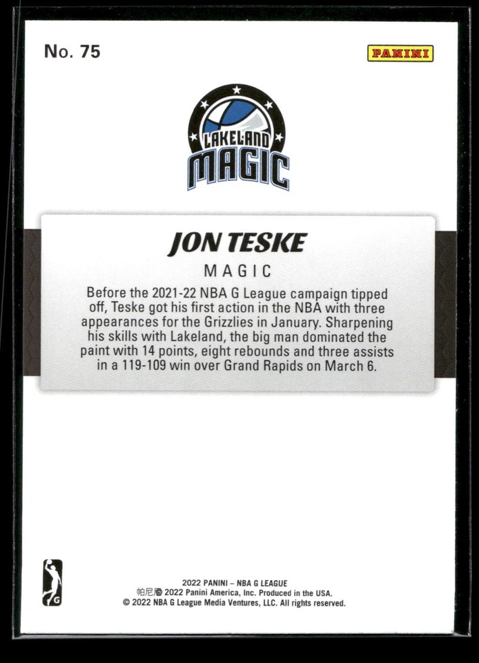 2021-22 Panini NBA G League Jon Teske BASE CARD Lakeland Magic #75 🔥 | eBay