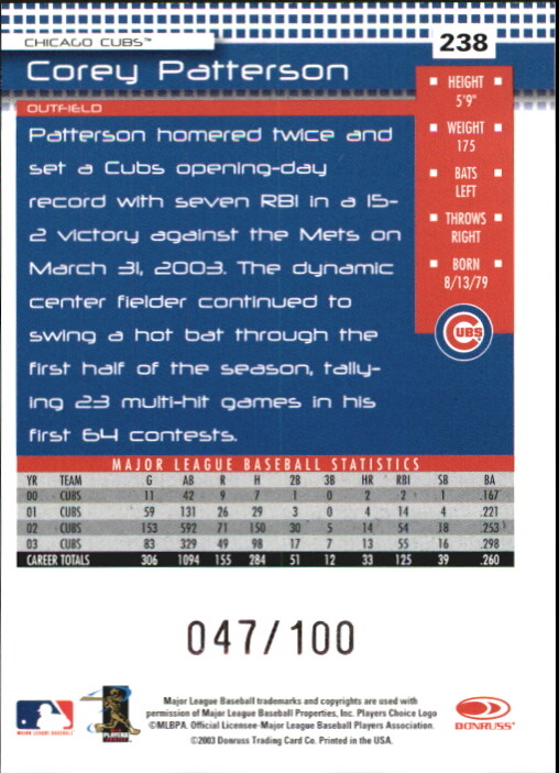 2004 Donruss Press Proofs Blue Cubs Baseball Card #238 Corey Patterson ...