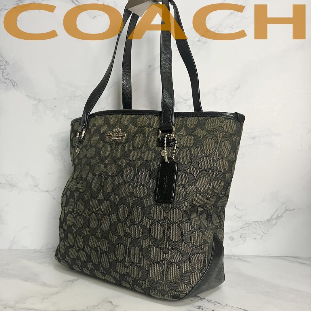 COACH Gray Outline Signature Canvas Leather Zip Tote … - Gem