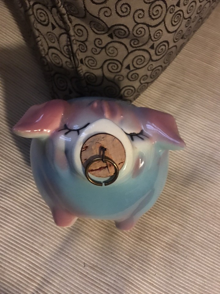 Hull 1957 CORKY PIG PIGGY BANK Pink BLUE WITH CORK BULLS EYE USA ...
