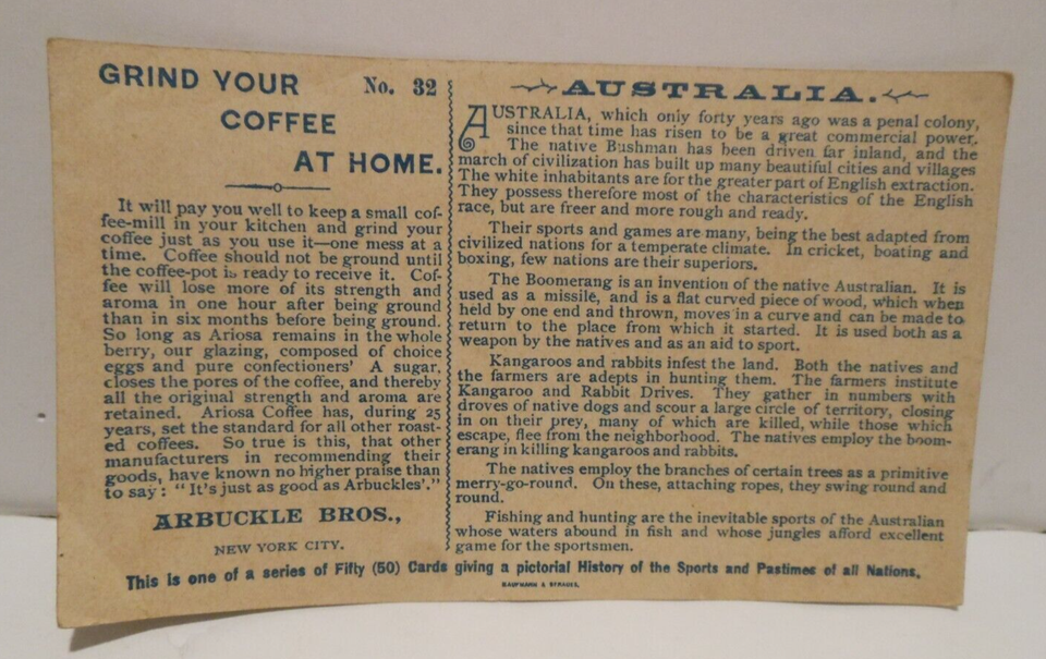 Victorian Trade Card No.32 Series "AUSTRALIA " - Arbuckle Bros.1893 ...