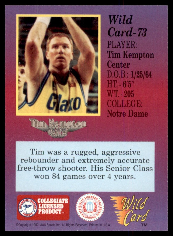 1991-92 Wild Card Tim Kempton Notre Dame Fighting Irish #73 | eBay