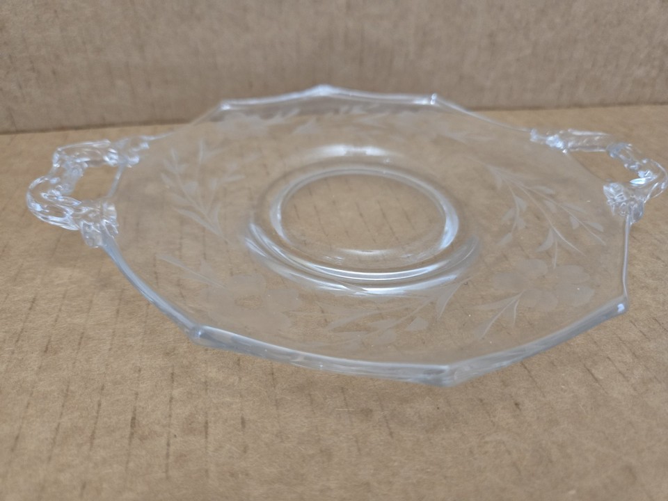 Depression Glass Etched Floral Clear Glass Double Handled Plate FREE ...