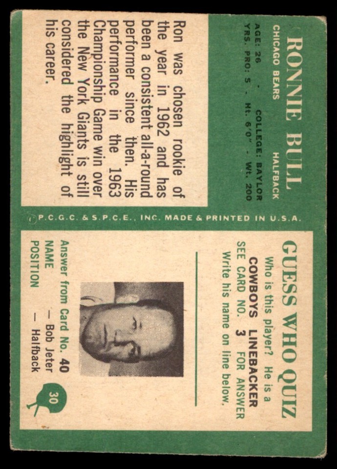 1966 PHILADELPHIA RON BULL CHICAGO BEARS #30 | eBay