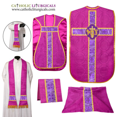 NEW Purple Roman Fiddleback Chasuble, Fiddleback Vestment 5pcs Mass Set ...