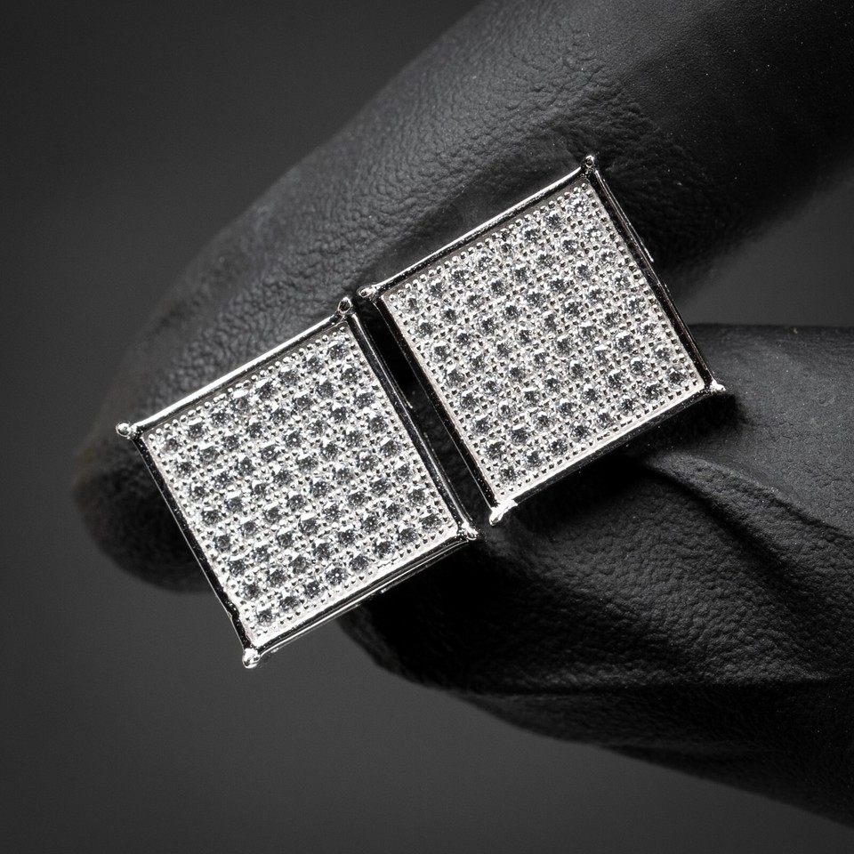 Men's 925 Sterling Silver Hip Hop Square Flat Screen Stud Screw Back ...