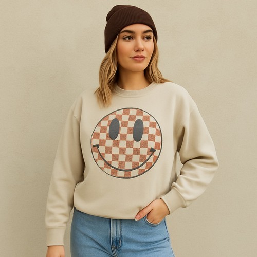 Checkered Smiley Face Sweatshirt Women’s Small Beige Pullover | eBay