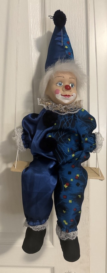 TWO VINTAGE MARIONETTE STRING PUPPET CLOWN ON SWING HANGING PORCELAIN ...