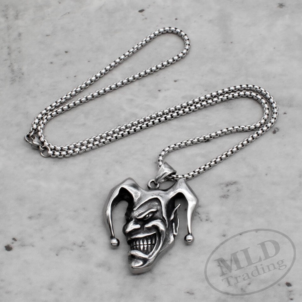 Silver Stainless Steel Evil Clown Jester Joker Pendant Necklace w 22 ...