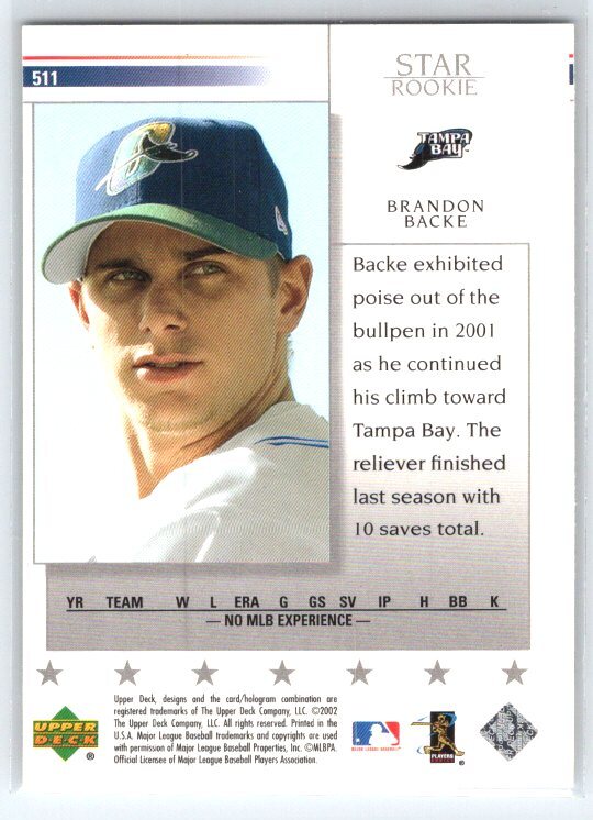 2002 Upper Deck Brandon Backe #511 SR, RC Rookie Tampa Bay Devil Rays ...