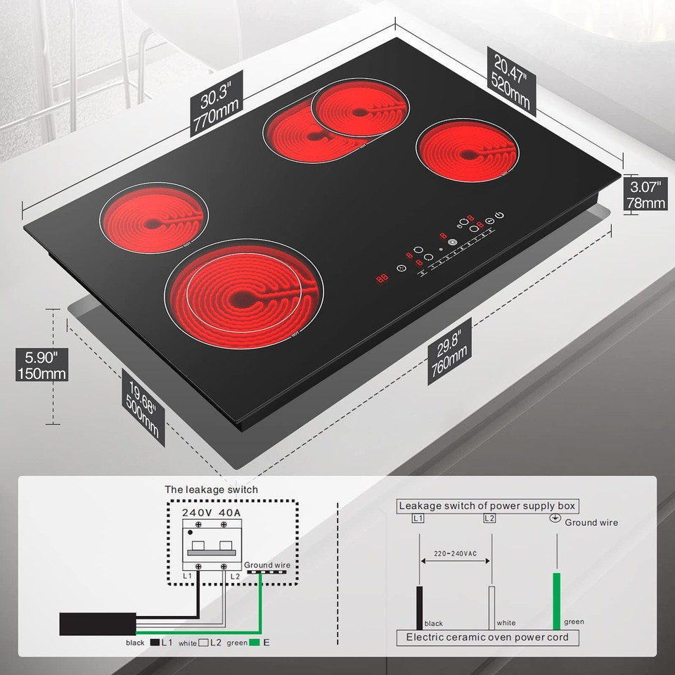 30'' Built-in Electric Ceramic Cooktop Stove Top 4 Burner Timer Touch ...