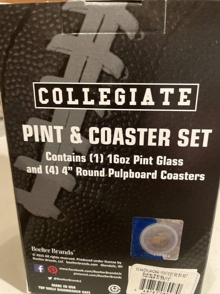 oklahoma university sooners 16oz Pint Glass & (4) 4”round coasters set ...