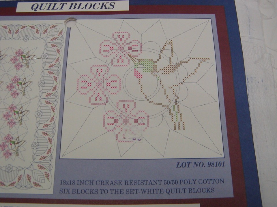 NEW FAIRWAY NEEDLECRAFT 18" X 18" QUILT BLOCKS 6 BLOCKS HUMMINGBIRD ...
