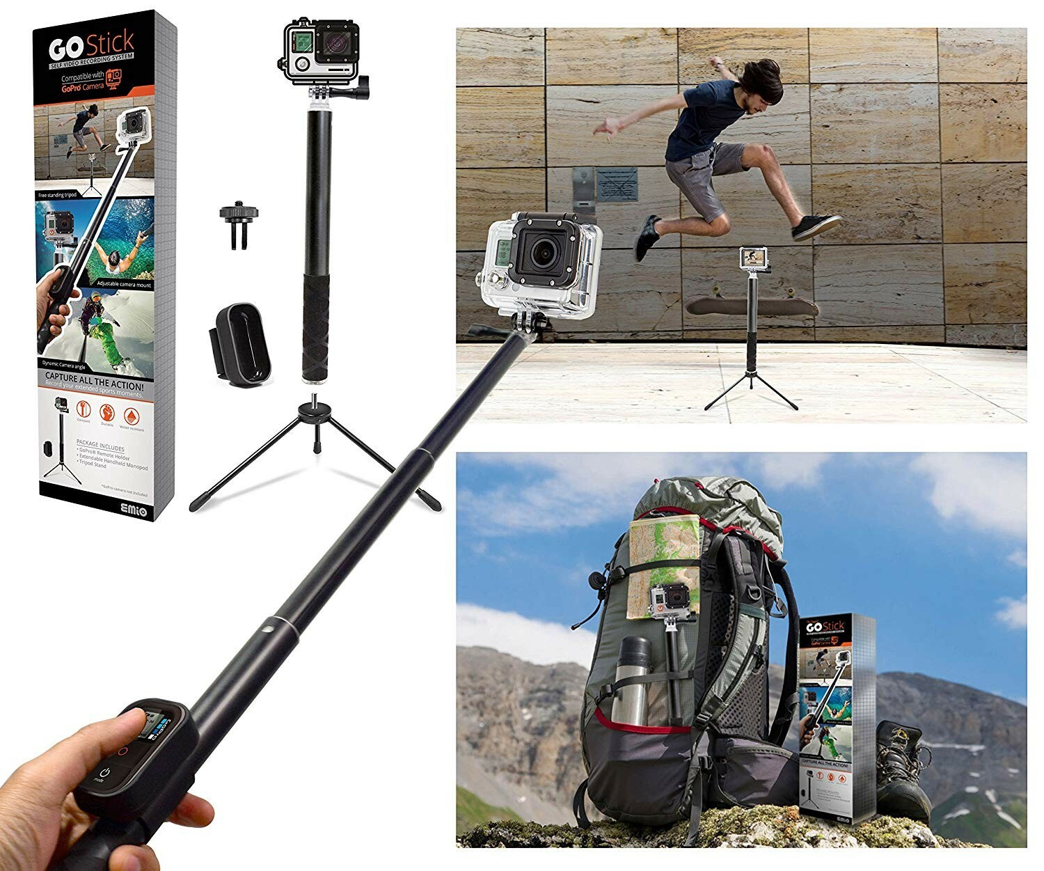 EMIO GoPro Camera Selfie Stick Stabilizer & BONUS Smartphone Clip Mount ...