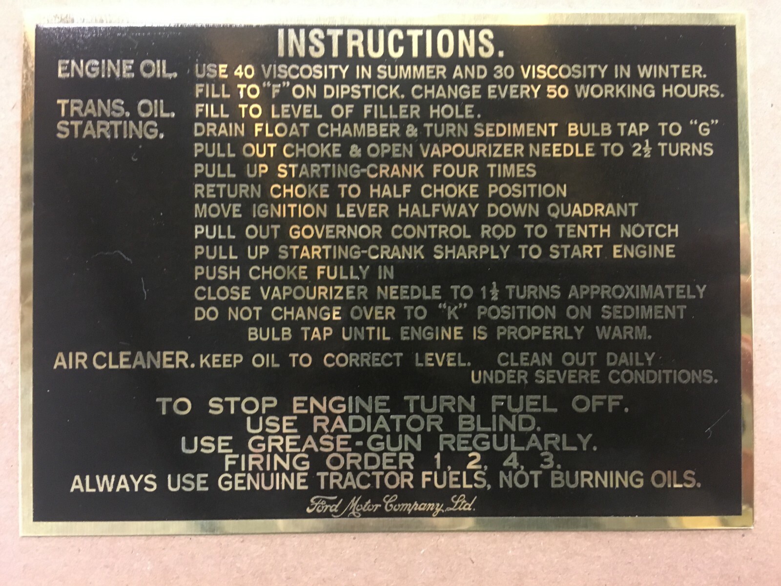 FORDSON STANDARD N STARTING INSTRUCTION PLATE | eBay