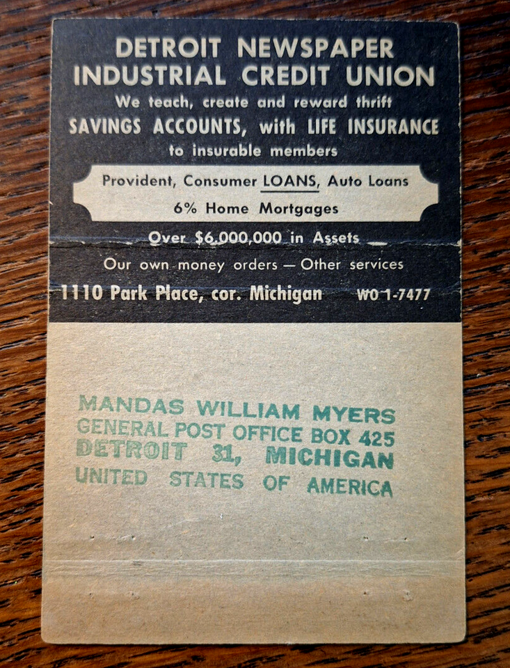 Vintage Matchbook: Detroit Newspaper Industrial Credit Union, Detroit ...