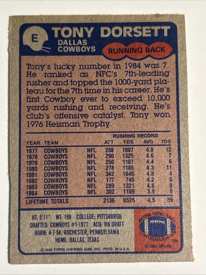 1985 Topps Box Bottom #E TONY DORSETT Hand Cut | eBay