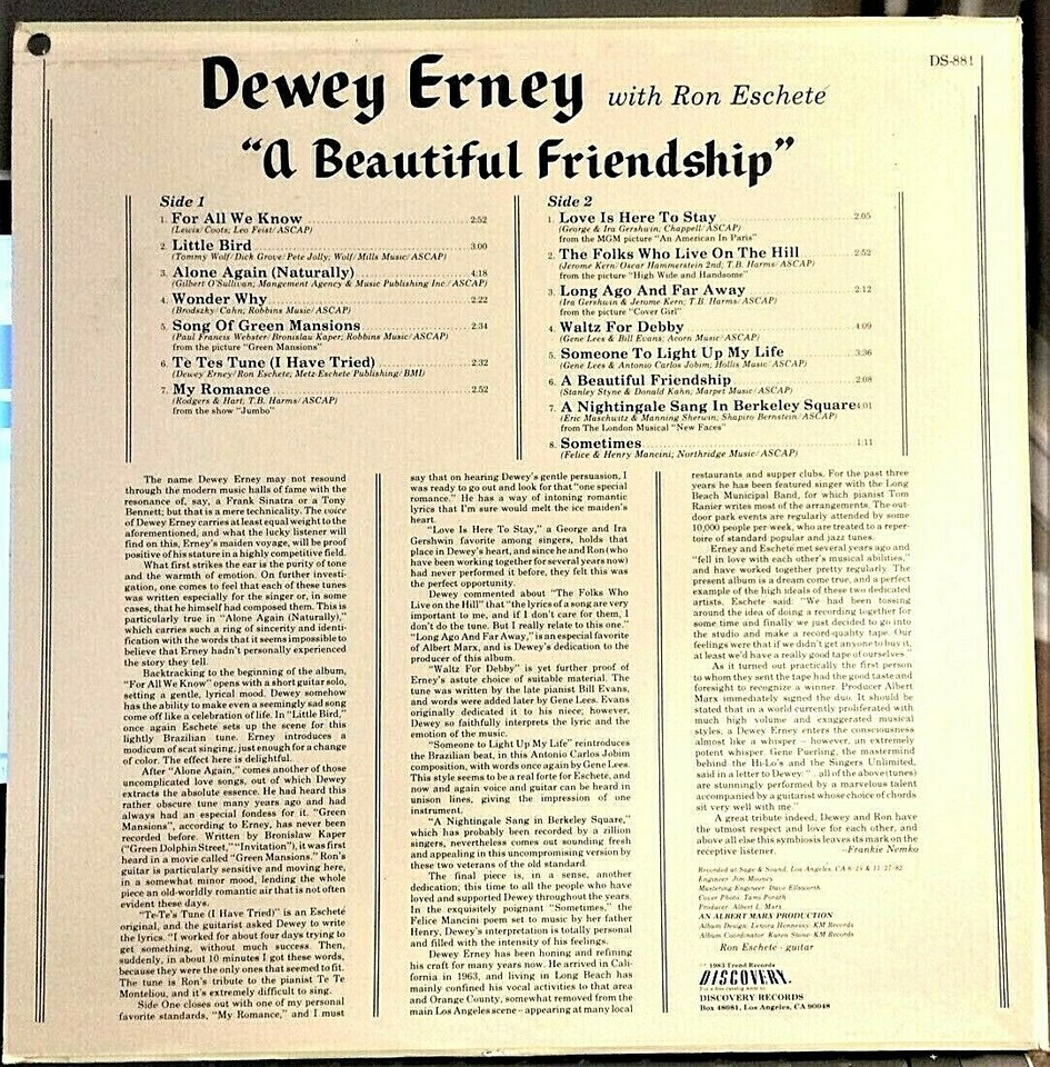 RON ESCHETE w/ Dewey Erney LP - A Beautiful Friendship - Discovery DS ...