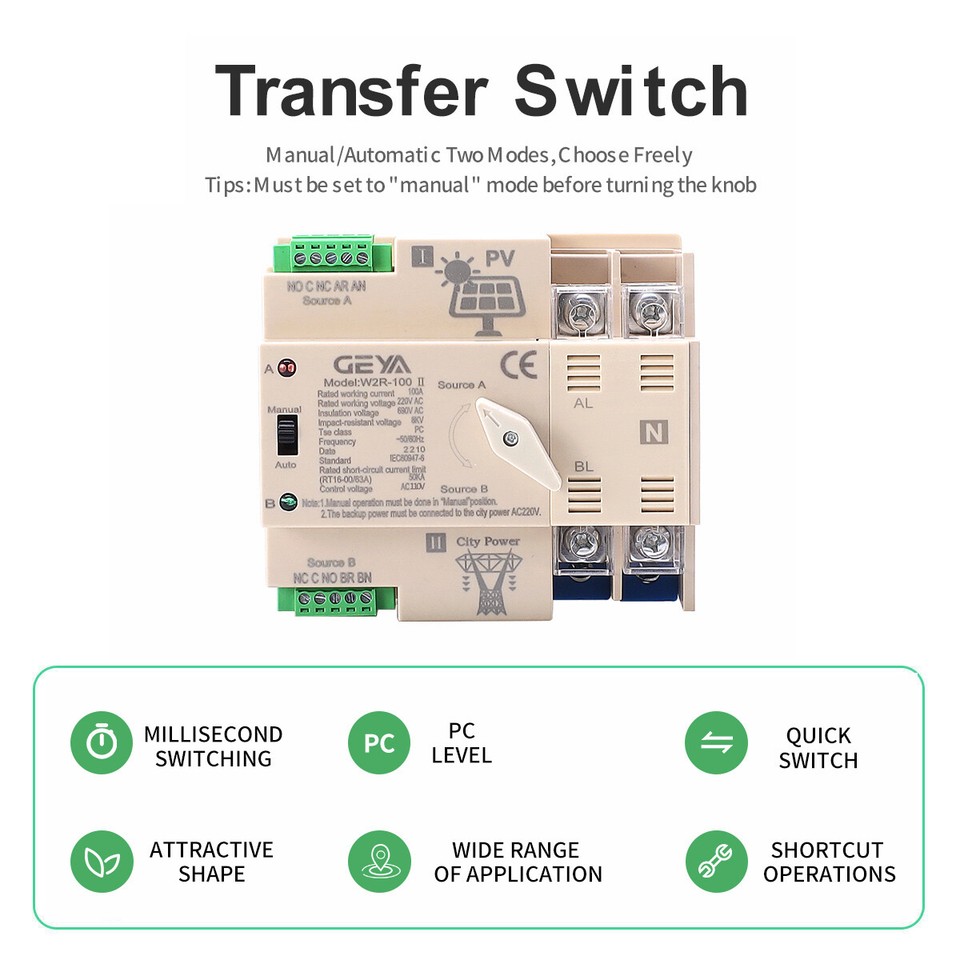 PV Solar Automatic Transfer Switch 2P 63A 110VAC Solar Inverter To Grid ...