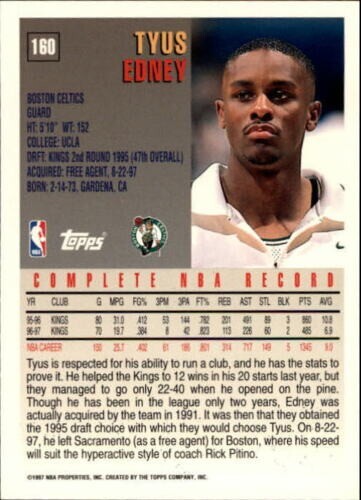 1997-98 Topps Boston Celtics Basketball Card #160 Tyus Edney | eBay
