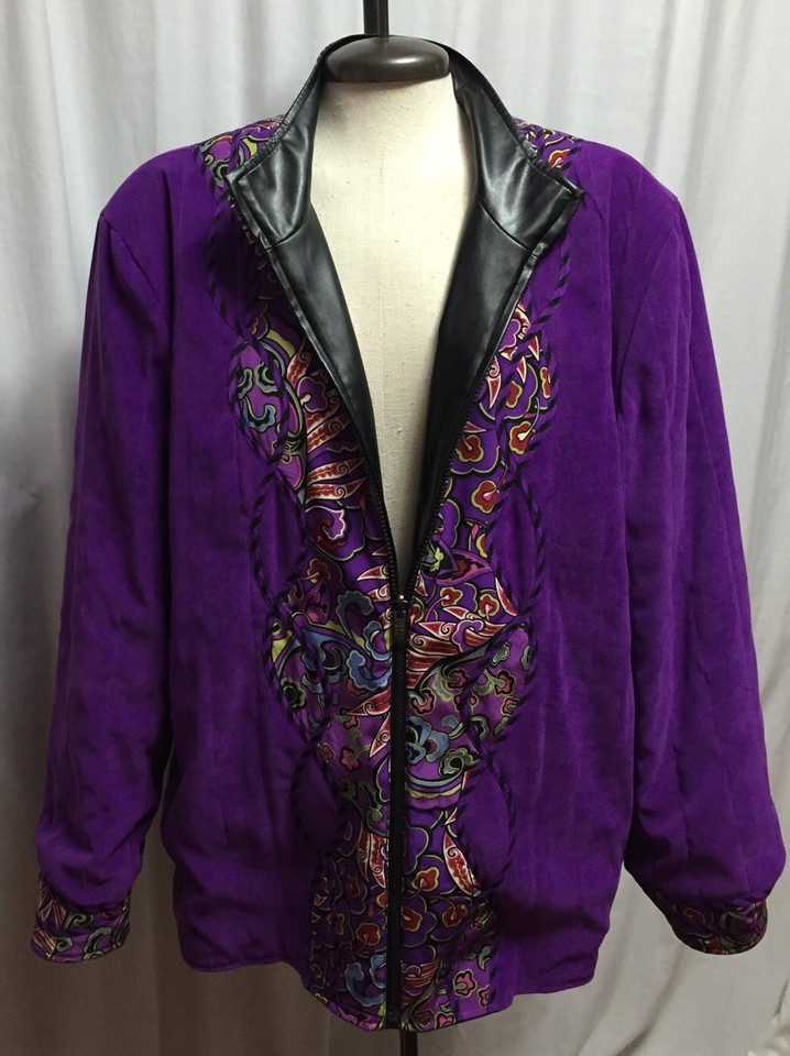 Koos of Course Sweater Coat Women's 2 Purple Silk Black Floral Zip Long ...