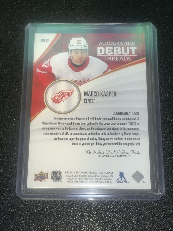 2023/24 Ultimate Marco Kasper Auto Debut Threads Patch Auto /99 Red ...