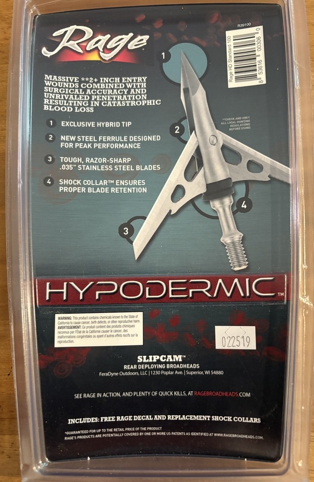 Rage Hypodermic, 100 Grain, 3-pack of Expandable Broadhead - Silver. Unopened. | eBay