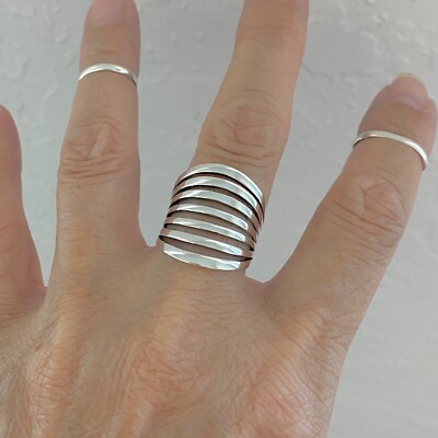 Sterling Silver Statement Multiple Lines Ring, Wide Silver Rings, Boho ...