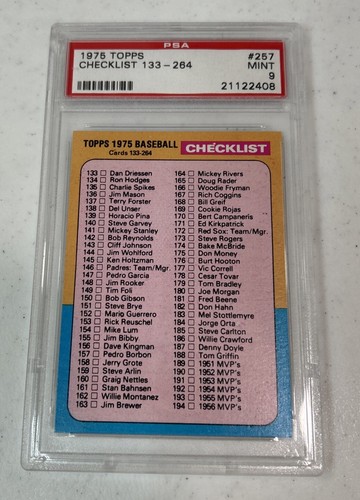 1975 TOPPS BASEBALL CHECKLIST #257 133-264 PSA 9 Mint Centered! | eBay