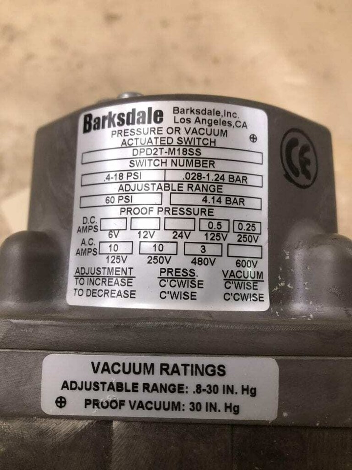 Barksdale DPD2T-M18SS Pressure or Vacuum Actuated Switch 60PSI 250VDC ...