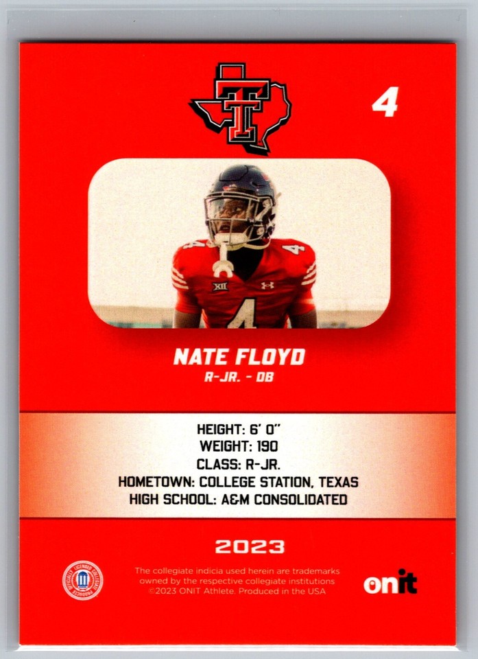 Nate Floyd 2023 ONIT Texas Tech Red Raiders #52 Football Card RC Rookie ...