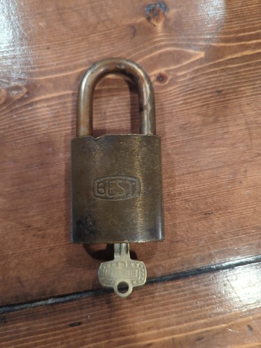 Vintage BEST Brass Padlock w/Original Key. Works, Solid Lock. 4" Pre ...